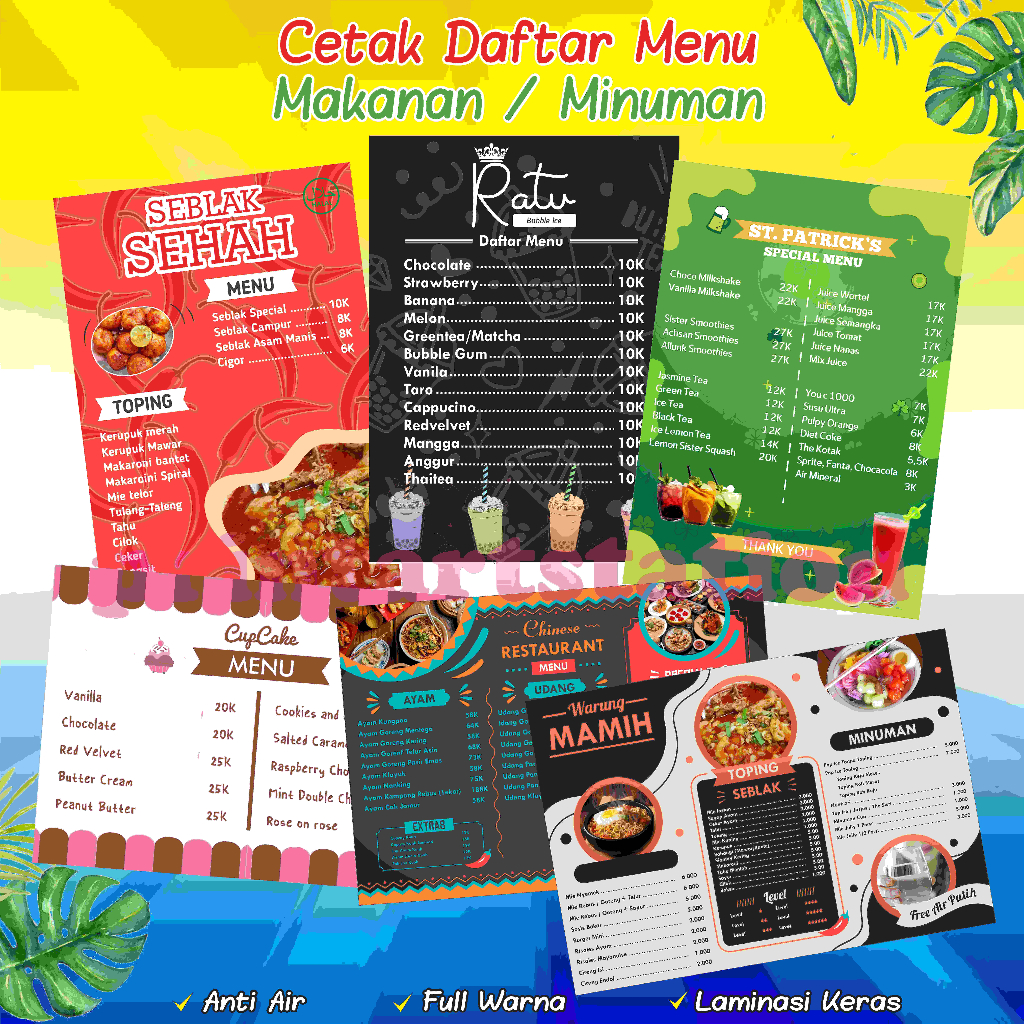 Jual Cetak Daftar Menu Makanan Minuman dll Custom A4 dan A3 | Shopee ...