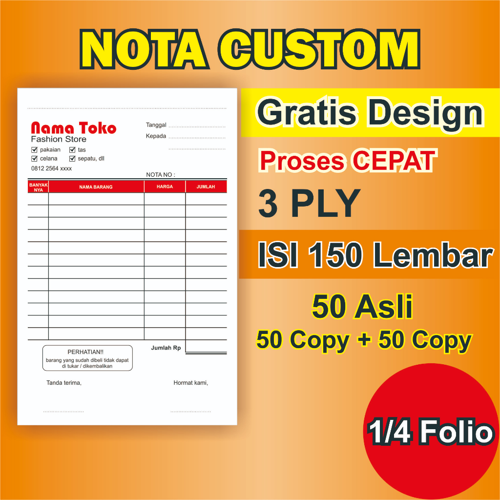 Jual Nota Custom 1/4 Folio 3 PLY Custom Cetak Nota Usaha Toko Resto ...
