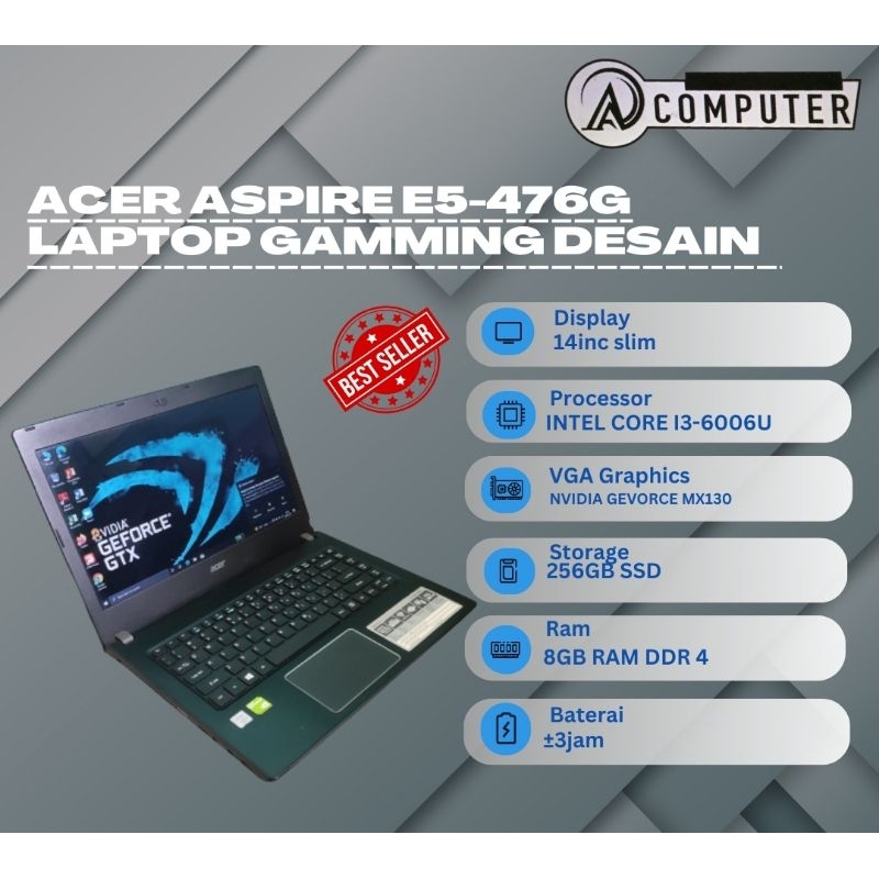 Jual Acer aspire E5-476G gammimg intel core i3 gen6 Nvidia gevorce Mx130 Ram 8gb SSD 256GB ...