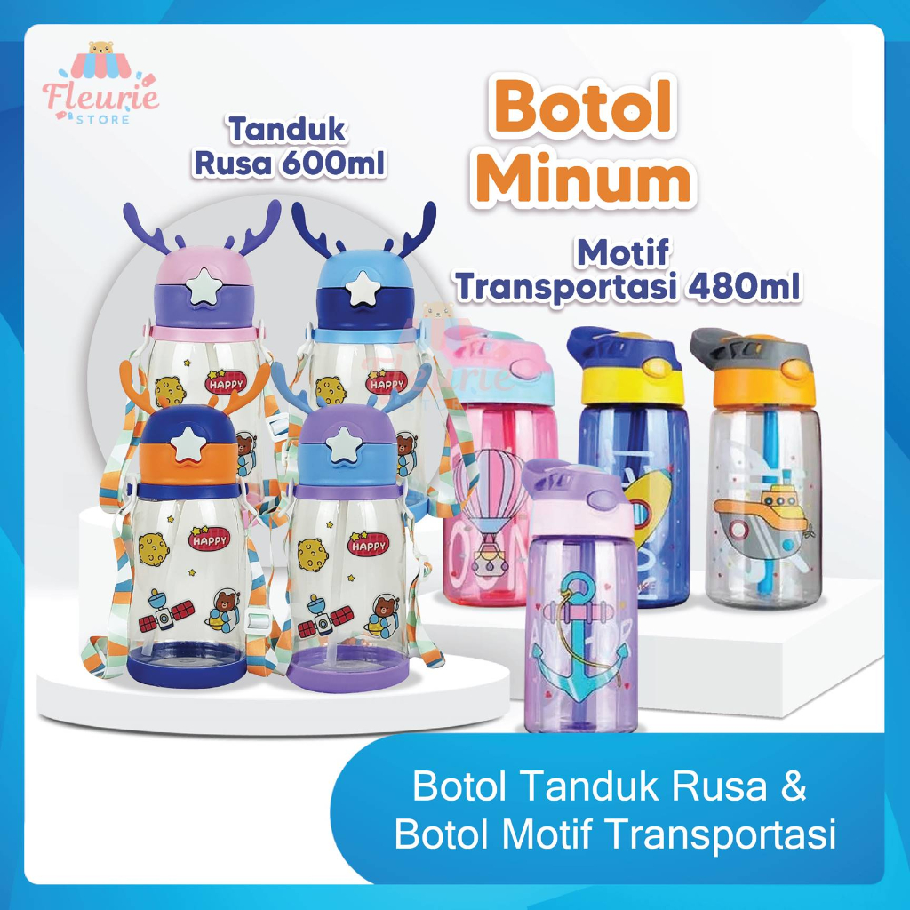 Jual Botol Minum Tanduk Rusa 600ml + Tali / Botol Minum Warna Motif Transportasi 480ml / Botol ...