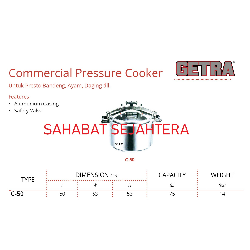 Jual GETRA Comemrcial Pressure Cooker C-50 Panci Presto Daging | Shopee ...