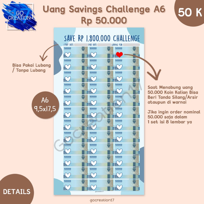 Jual KERTAS ISI BINDER A6 SAVING CHALLENGE MOTIF UANG 50k| | 1 pcs/lembar | Shopee Indonesia