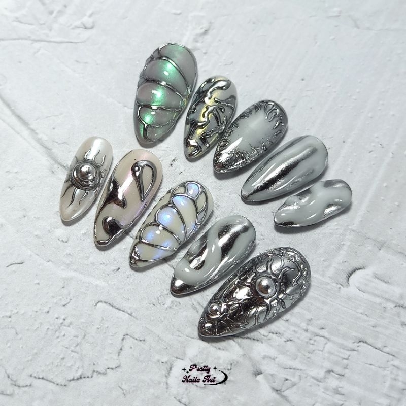 Jual Press On Nails Cybercore / Freestyle / Tribal Y2k Aesthetic Chrome ...