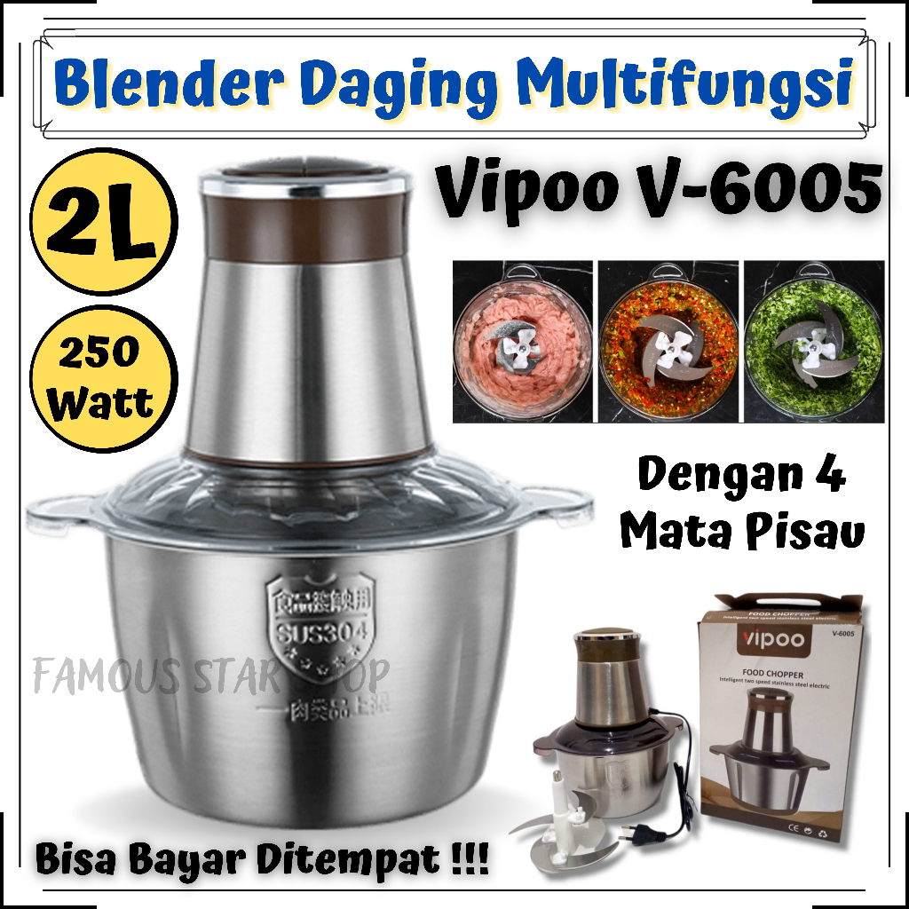 Jual Blender Daging VIPOO V-6005 250W 2Liter Food Chopper Meat Grinder ...