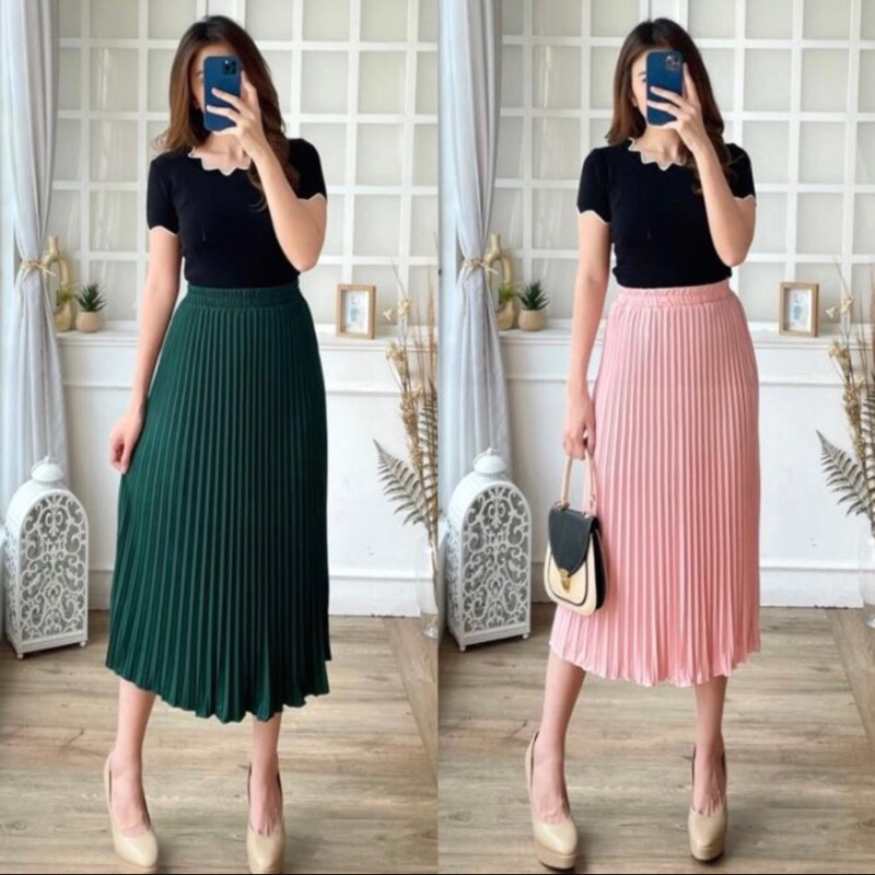 Jual Rok Midi Plisket Premium | Shopee Indonesia