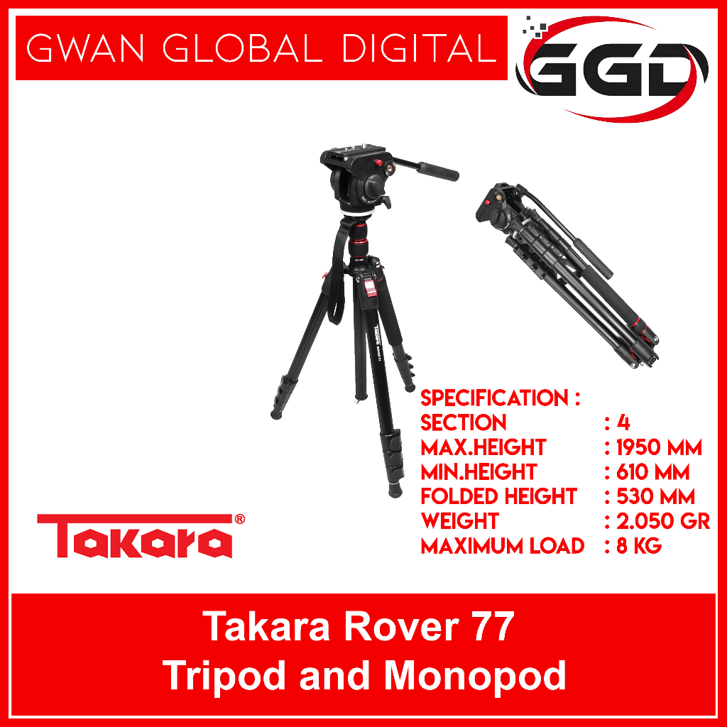 Jual Takara Rover 77 Fluid Head Compact 2 in 1 Traveller Tripod Monopod ...