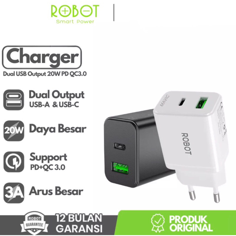 Jual ROBOT RT-F5 20W Charger Adaptor Dual Port Output USB-C USB-A 3A PD ...