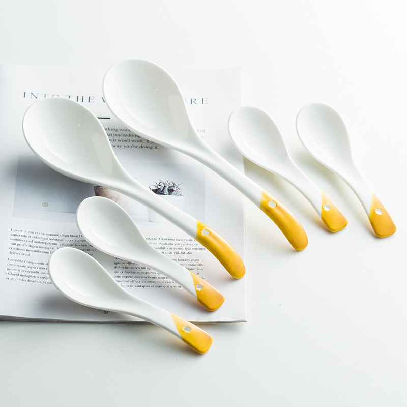 Jual ASHOME sendok soup keramik list kuning elegant motif jepang simple ...