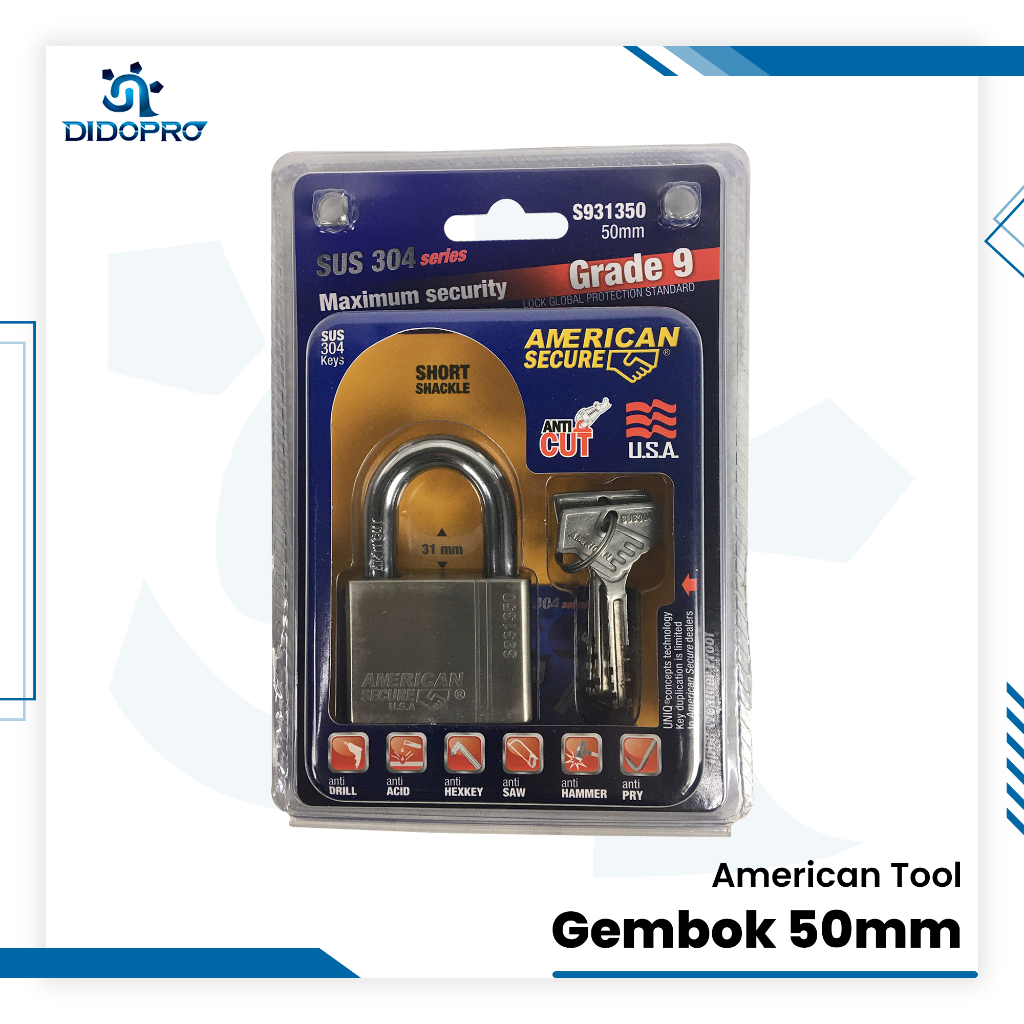 Jual Gembok 50 mm Pendek AMERICAN SECURE Anti Maling American Tool 50mm ...