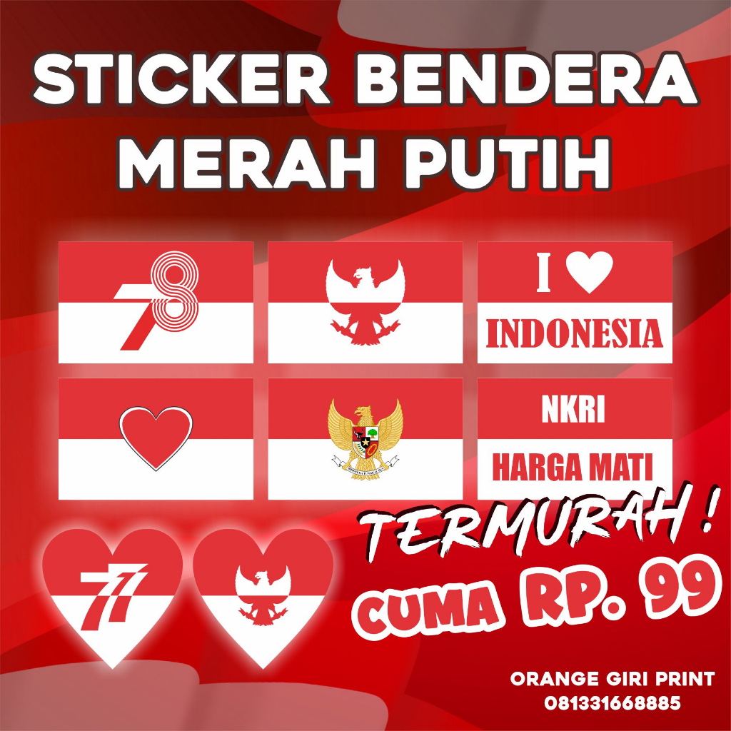 Jual TERMURAH!! STICKER BENDERA MERAH PUTIH PIPI KEMERDEKAAN 17 AGUSTUS ...