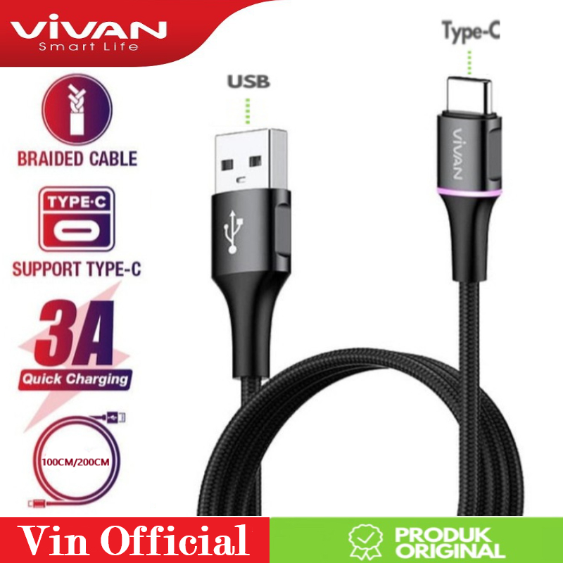 Jual VIVAN Kabel Data VDC Data Cable USB Type-C Android 3A 1M / 2M LED ...