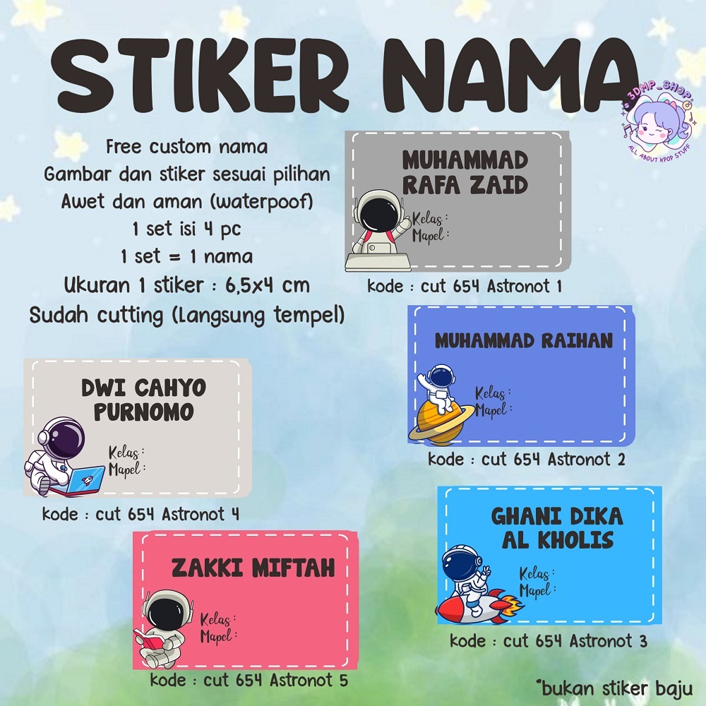 Jual Stiker label nama custom request buku botol cutting anak sd laki ...