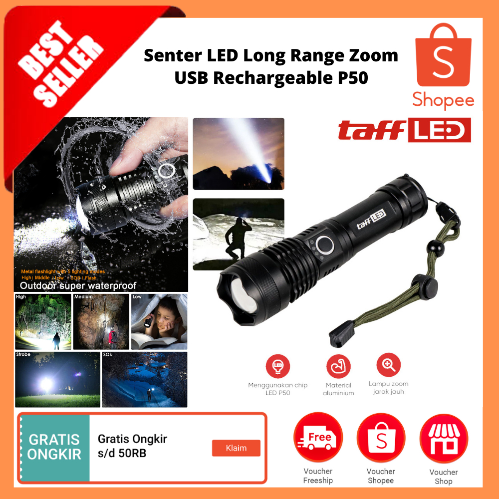 Jual Senter LED Long Range Zoom USB Rechargeable P50 / Senter daya ...