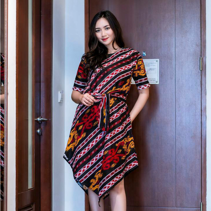 Jual Dress Lancip Tenun Troso Batik Salur Songket Asimetris Batik Midi Etnik Kerja Kondangan ...