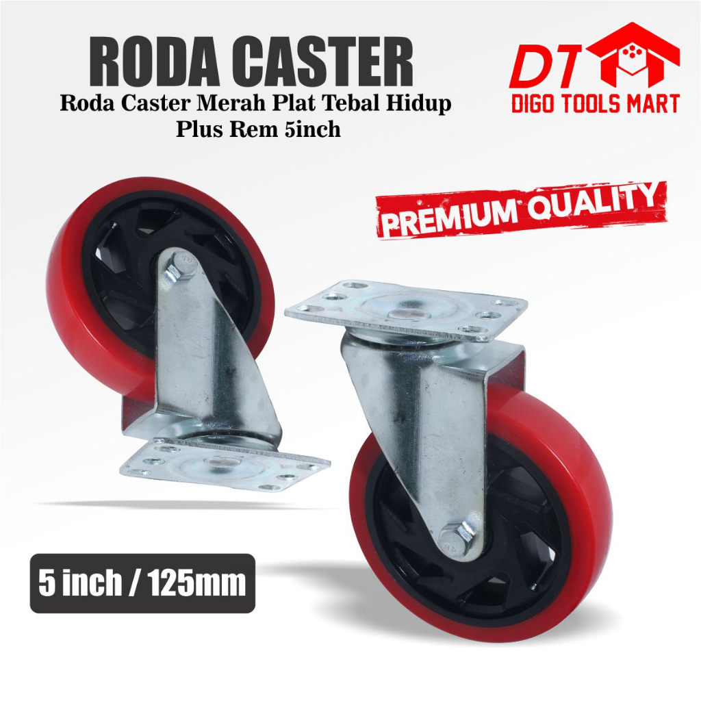 Jual Roda Caster Merah Plat Tebal Hidup 5Inci Roda Nylon Merah Tebal ...