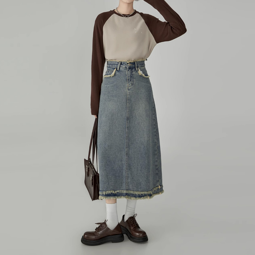 Jual Highwaist Rok A-Line Loose Rok Denim Midi Kekinian Biru Retro ...