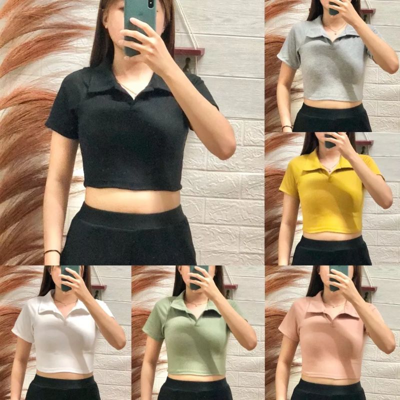 Jual KAOS CROP KERAH BAHAN KNIT RIB SUPER STRECH | Shopee Indonesia