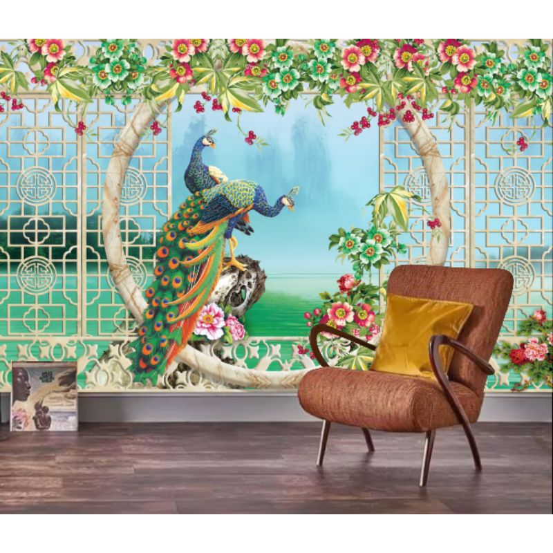 Jual wallpaper 3d custom motif merak pemandangan, wallpaper 3D dekorasi ...