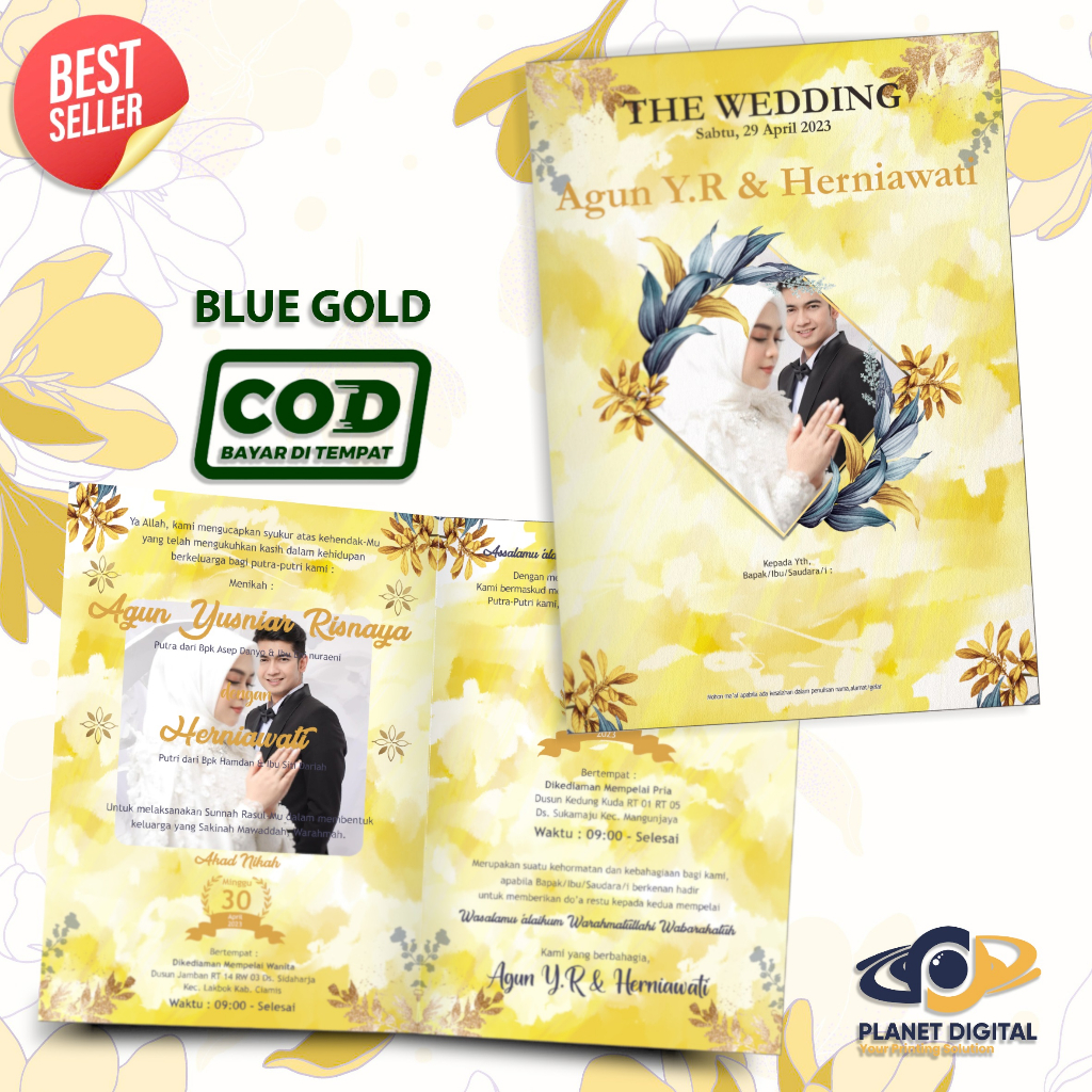 Jual Undangan Pernikahan Lipat 2 Model Estetic Gold Blue Flower ...
