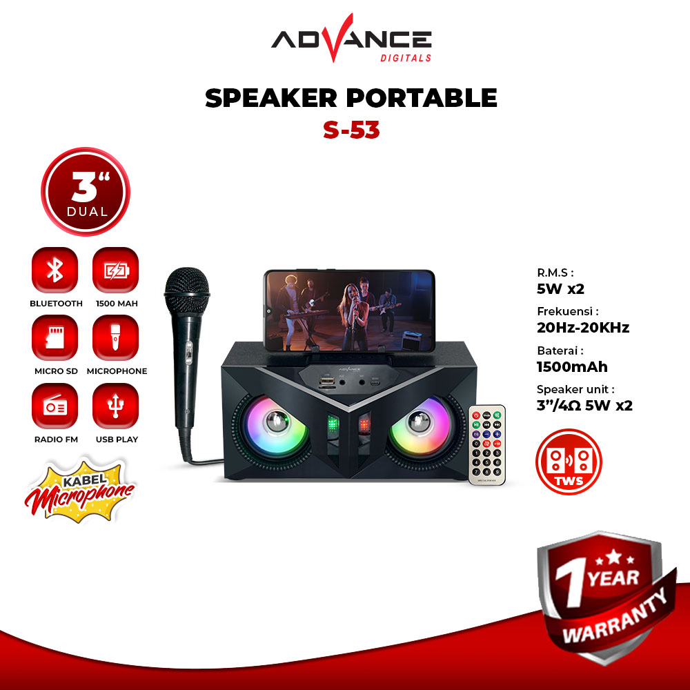 Jual Advance S53 Speaker 5 inch Bluetooth Gratis 1 Mic Karoke Murah Garansi Resmi 1 Tahun ...