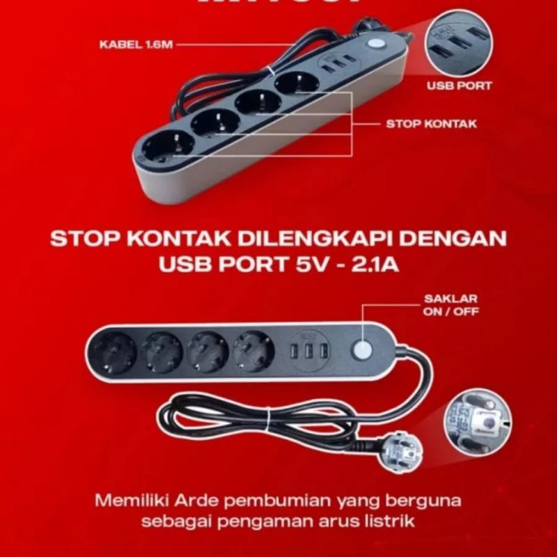 Jual Stop Kontak MITSUI MSC 154 Stop Kontak 4 Lubang 1,6M + 3 Port USB ...
