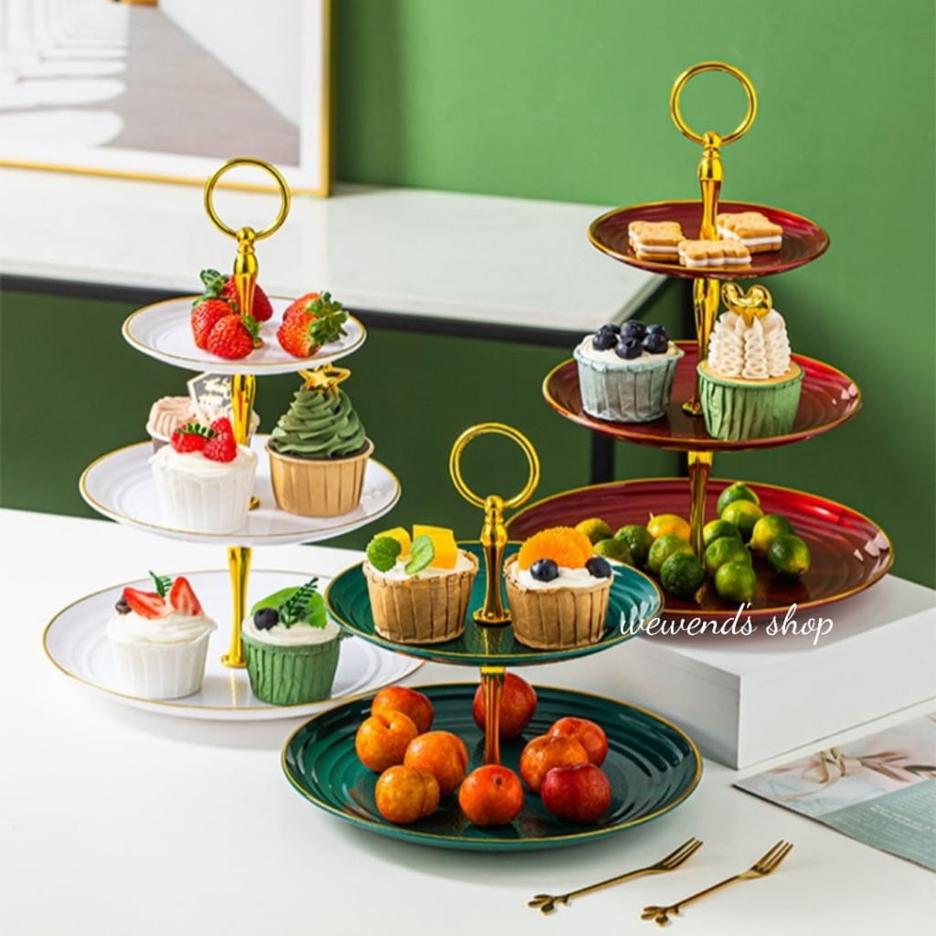 Jual Stand Display Cake Melamin 3 Susun Tempat Kue Pinggir Lis Emas ...