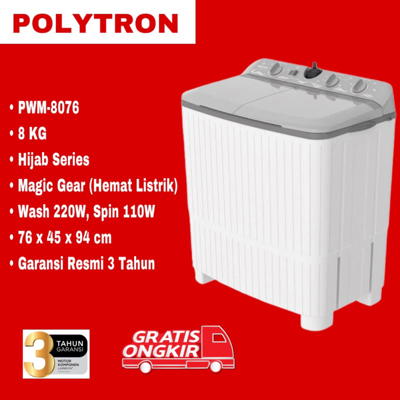 Jual Mesin Cuci POLYTRON PWM 8076 / Mesin Cuci 2 Tabung 8 KG (Free ...