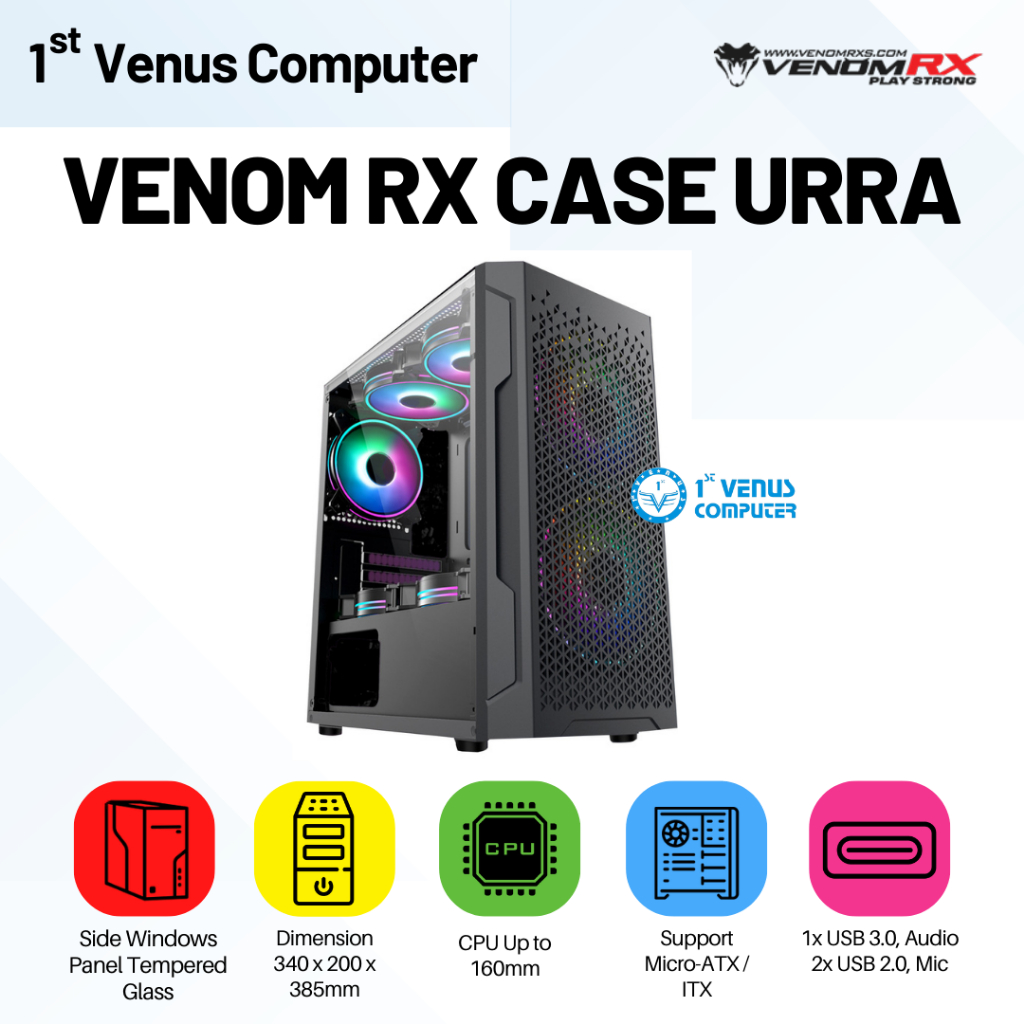Jual CASING PC VENOM RX URRA CASE M-ATX+2 FAN ARGB TEMPERED / CASE20 ...