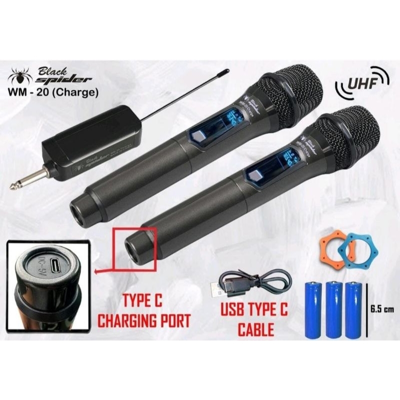 Jual Mic Wireless Black Spider WM20 WM-20 WM 20 Charge UHF 2 Mic ...