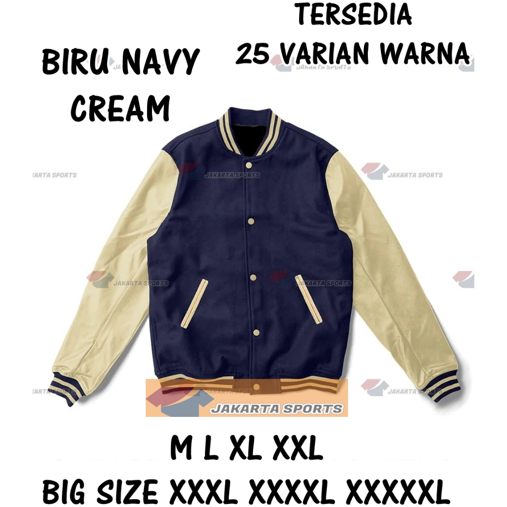 Jual JAKET VARSITY BIRU TUA NAVY LENGAN CREAM BASEBALL KANCING PRIA ...