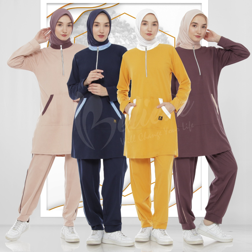 Jual Setelan Baju Olahraga Kaos Muslimah Syari BMS 43 Terbaru Believe Original | Shopee Indonesia