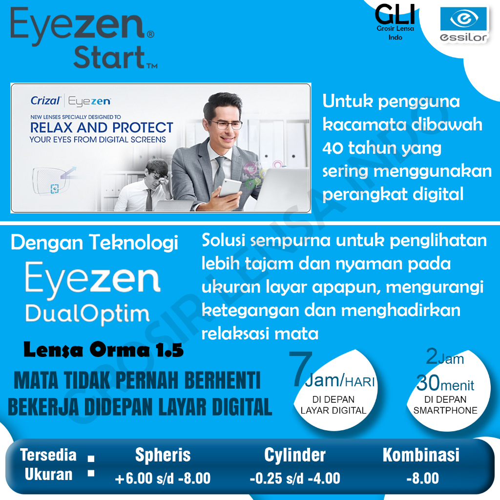 Jual Lensa Essilor SV Eyezen Start Orma 1.5 Crizal Sapphire / Optifog ...