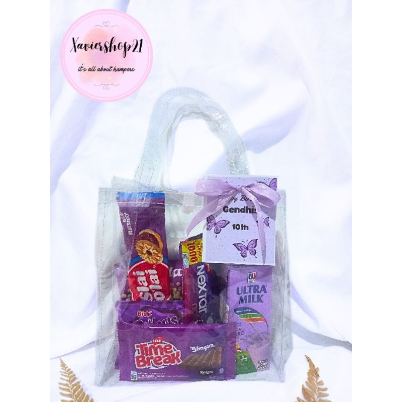Jual Paket Snack Kemasan Tas Mika Tema Ungu (FREE CARD) | Shopee Indonesia