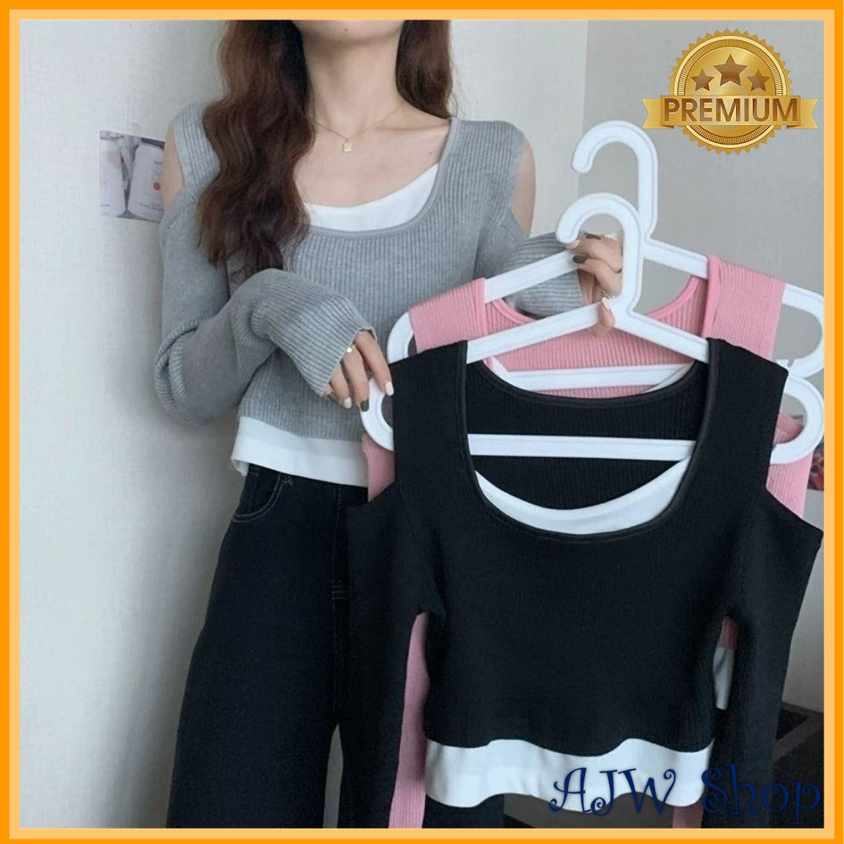 Jual AJW Atasan Crop Wanita Korean Style Lengan Panjang Rajut Premium Import XA | Atasan Rajut ...