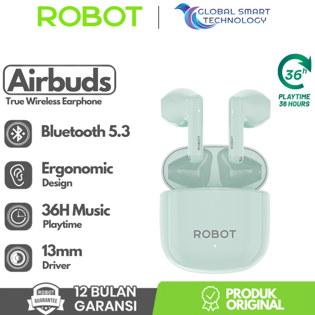 Jual ROBOT T60 Airbuds Headset Wireless Earphone TWS Bluetooth 5.3 Half ...