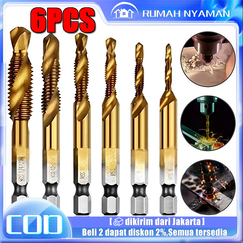 Jual Mata Bor 6PCS Pembuat Ulir Drat Drill Tap Set Hex Twist Spiral ...
