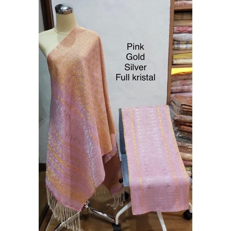 Jual Kain Songket Medan Tumtuman Pink gold Silver Full Kristal | Shopee ...