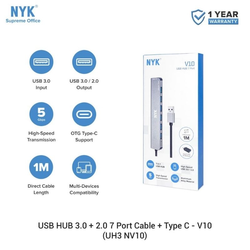 Jual USB HUB 3.0 + 2.0 7PORT CABLE + TYPE C - V10 NYK ( UH3 NV10 ...