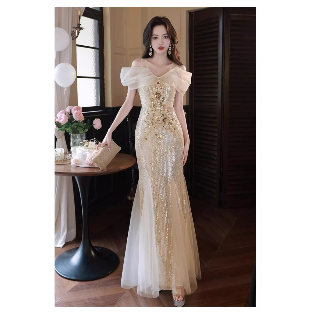 Jual Gaun Pesta 2308001 Cream Sabrina Mermaid Party Dress | Shopee ...