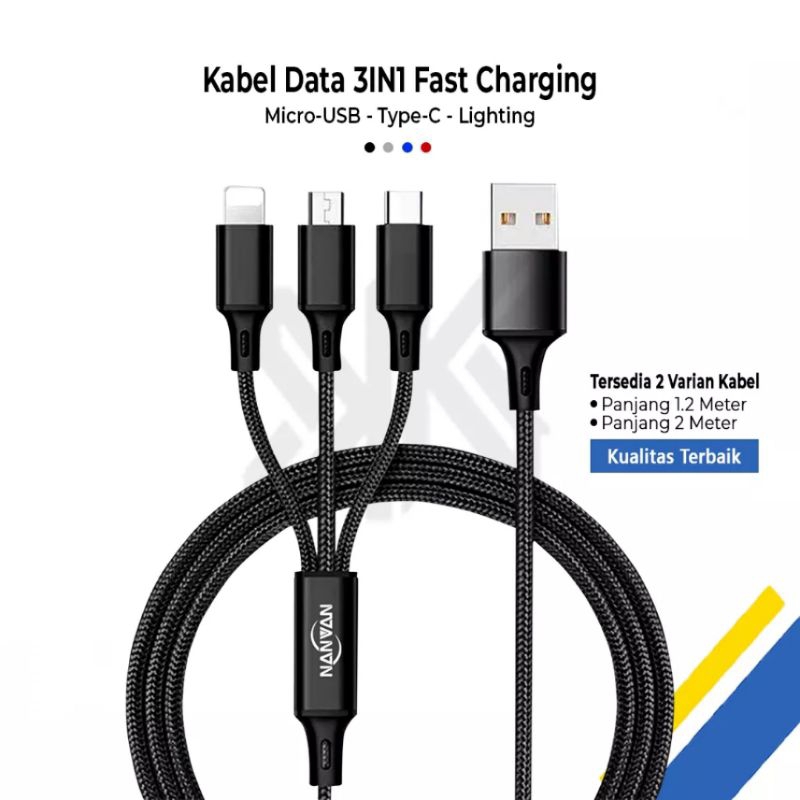 Jual Kabel Data Cable Charger 3 in 1 Micro USB Type C Lightning ...