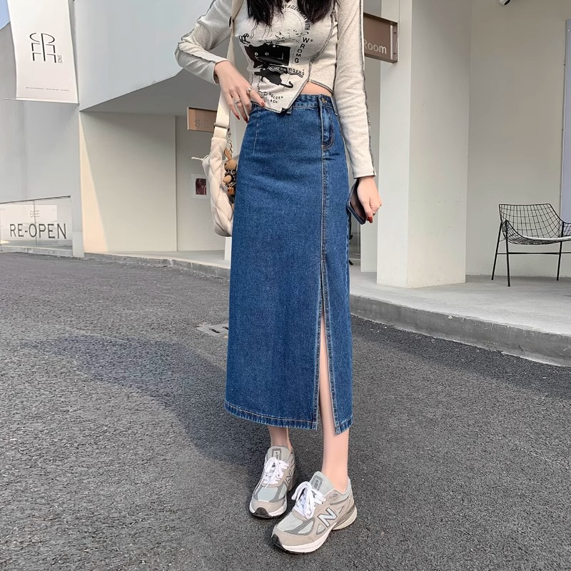 Jual COD Rok denim split gaya Korea rok a-line wanita berpinggang ...