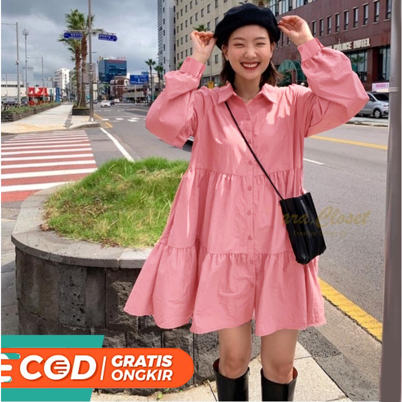 Jual Dress Kemeja Miyowo Long Tunik Rempel Jumbo | Shopee Indonesia