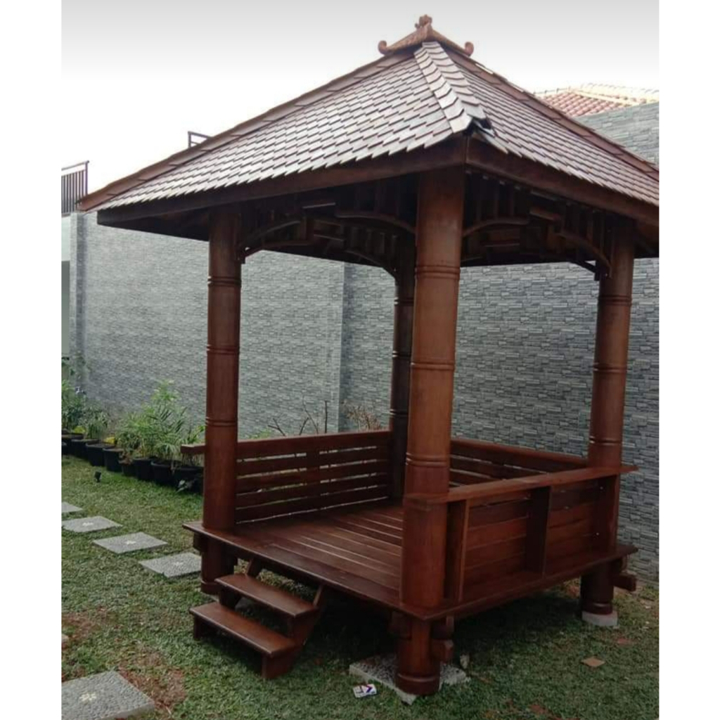 Jual Gazebo Taman 2x2 Meter Kayu Kelapa Tiang Motif Atap Sirap Kayu ...