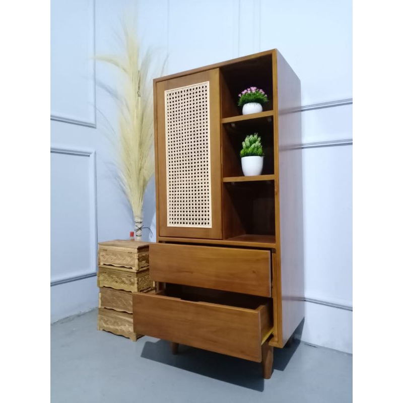 Jual Almari Minimalis Rotan/Rak Buku Jati/Rak Rotan Kayu Jati Solid ...