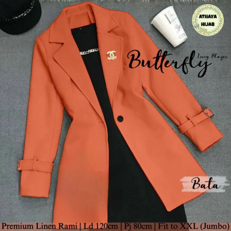 Jual Long Blazer Jumbo Linen Rami Premium LD 120 Butterfly Long Blazer By Athaya Hijab | Shopee ...
