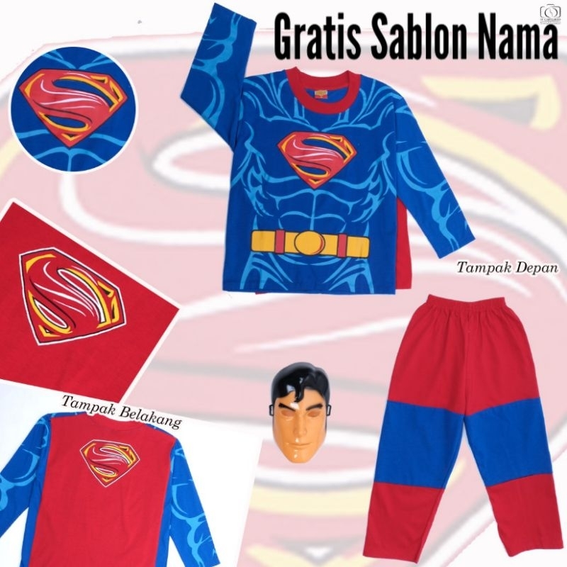 Jual Kostum Superman gratis topeng/Kostum Superhero Gratis Sablon Nama ...