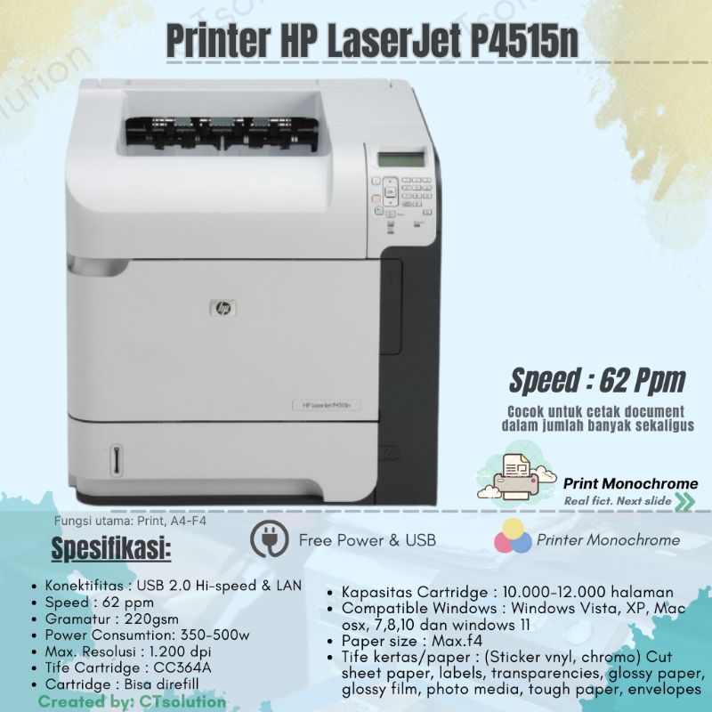 Jual Printer HP LaserJet P4515n - speed 60 Lembar per menit (Termasuk ...