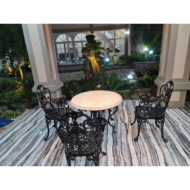 Jual Meja Teras Marmer Set 4 Kursi Besi Ukir | Shopee Indonesia