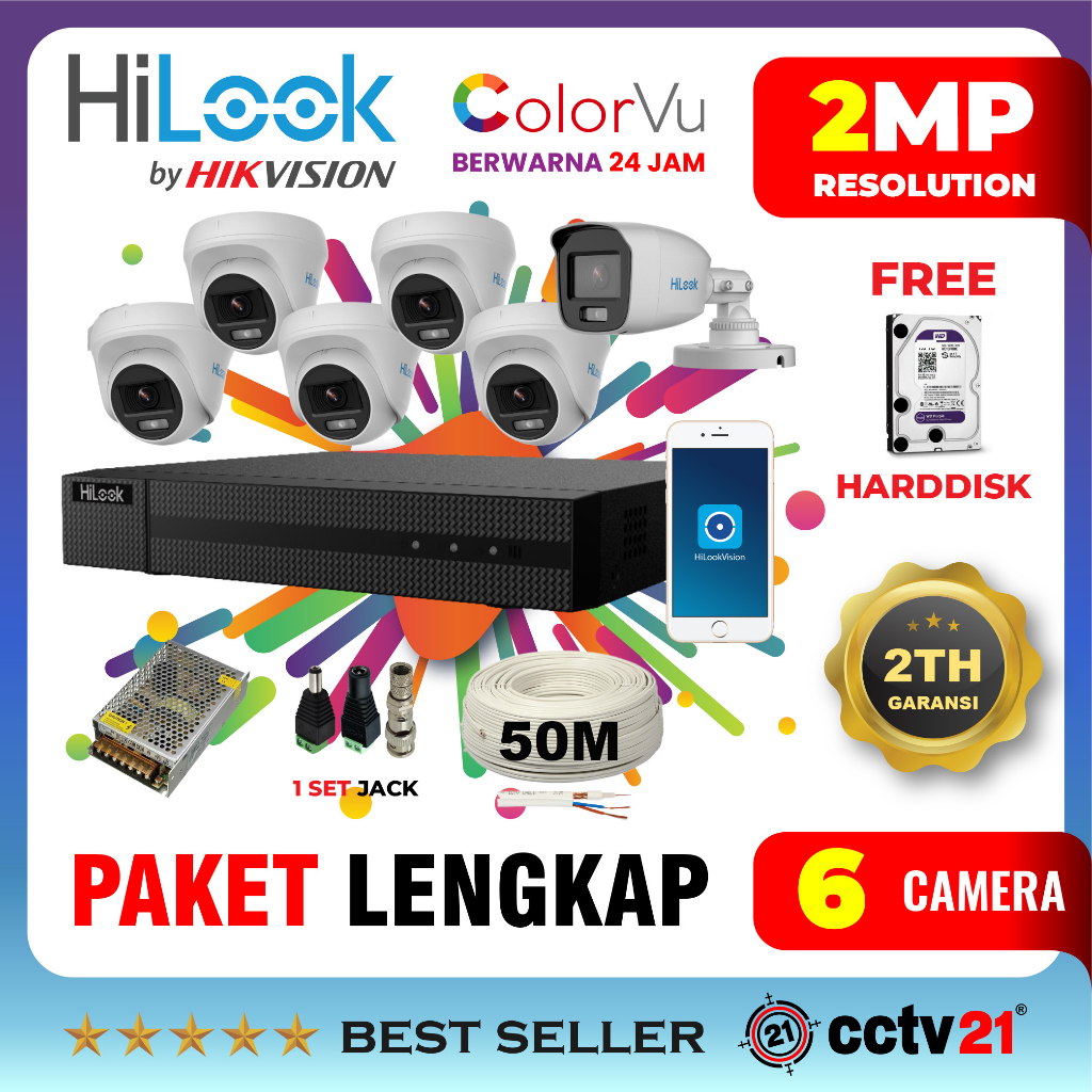 Jual Paket cctv 6 Camera ColorVu HILOOK 2MP THC-T127-P by HikVision ...
