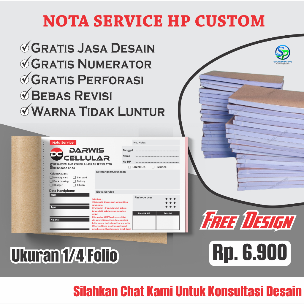Jual Nota Servis HP Custom - 1 PLY - 2 PLY FREE DESAIN - NOTA KONTER ...